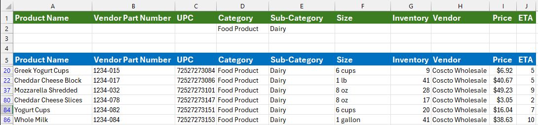 VLOOKUP & Advanced Filters Excel Worksheet with Catalog Database